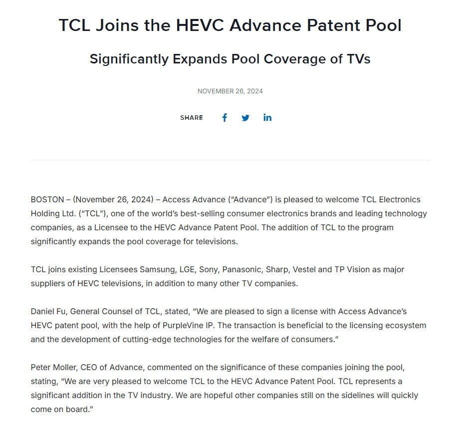 PurpleVine Drives TCL's Successful Entry into the HEVC Advance Patent Pool